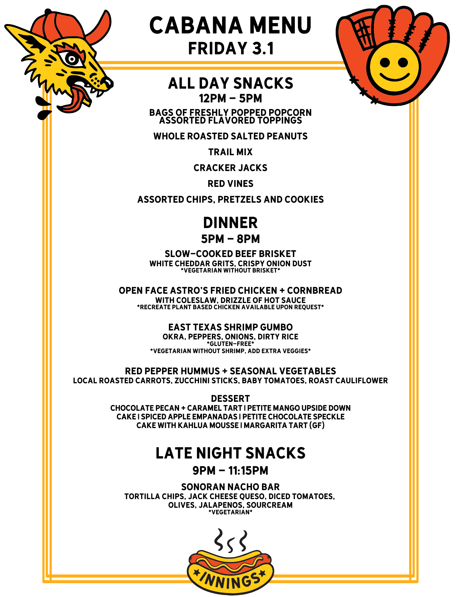 Cabana Food Menus – Innings Festival (Extra)